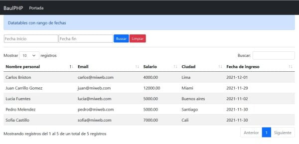 Datatables rango de Fechas ejemplo completo » BaulPHP