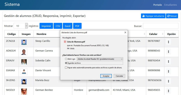 CRUD Datatables PDO ServerSide & Exportar con SweetAlert2 » BaulPHP